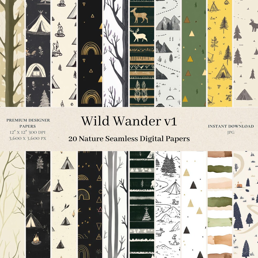 20 Wild Wander Digital Papers - Wild Camping Scrapbook, Seamless Repeat ...