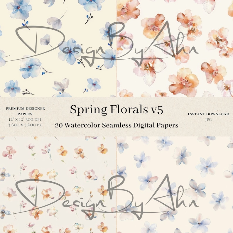 20 Spring Florals Digital Papers - Watercolor Scrapbook, Flowers ...