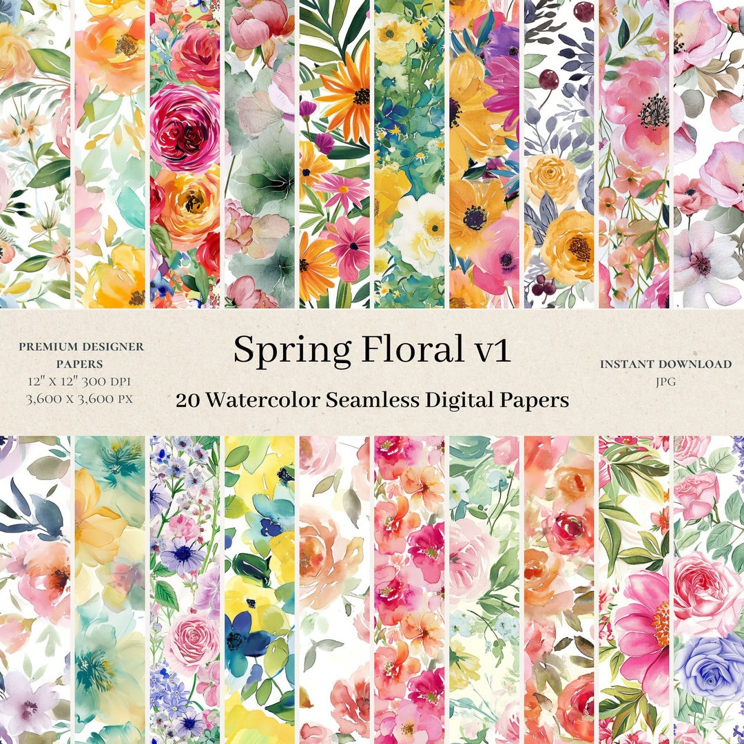 20 Spring Floral Digital Papers - Watercolor Scrapbook, Seamless ...