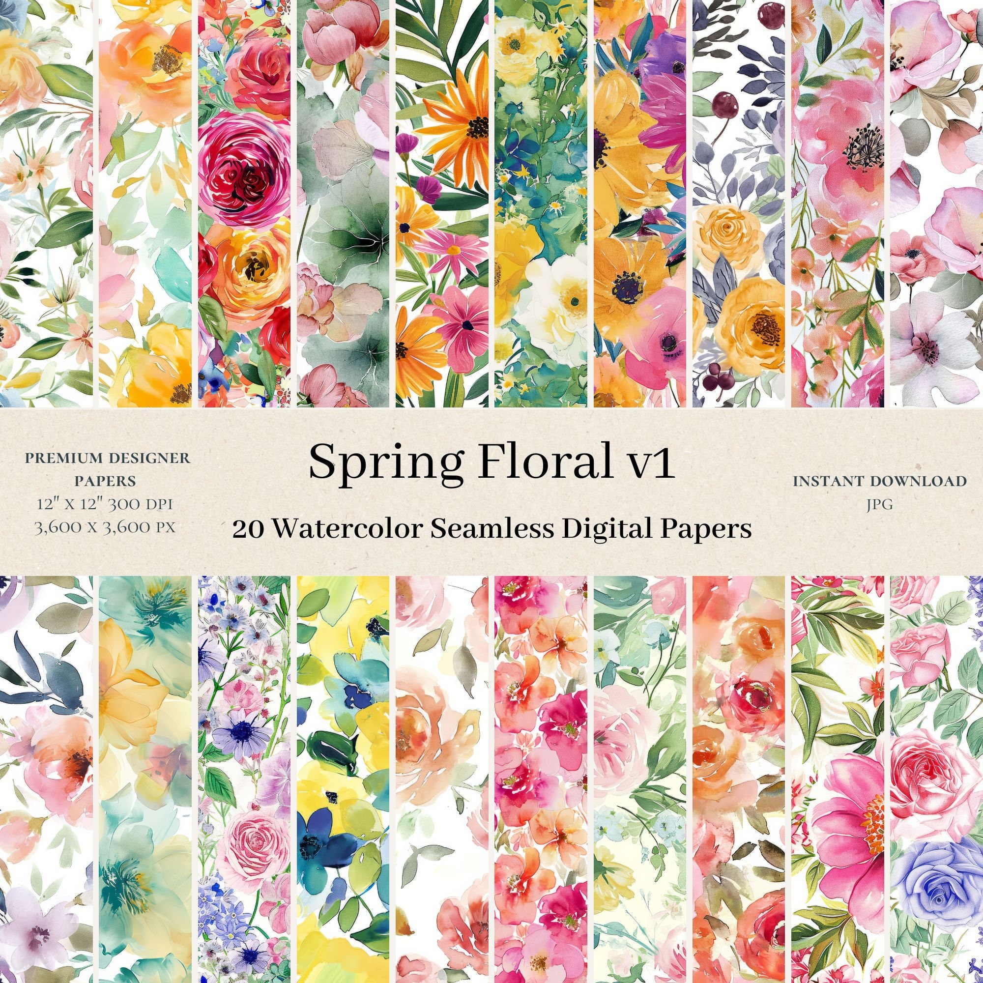 20 Spring Floral Digital Papers Watercolor Scrapbook, Seamless Digital ...
