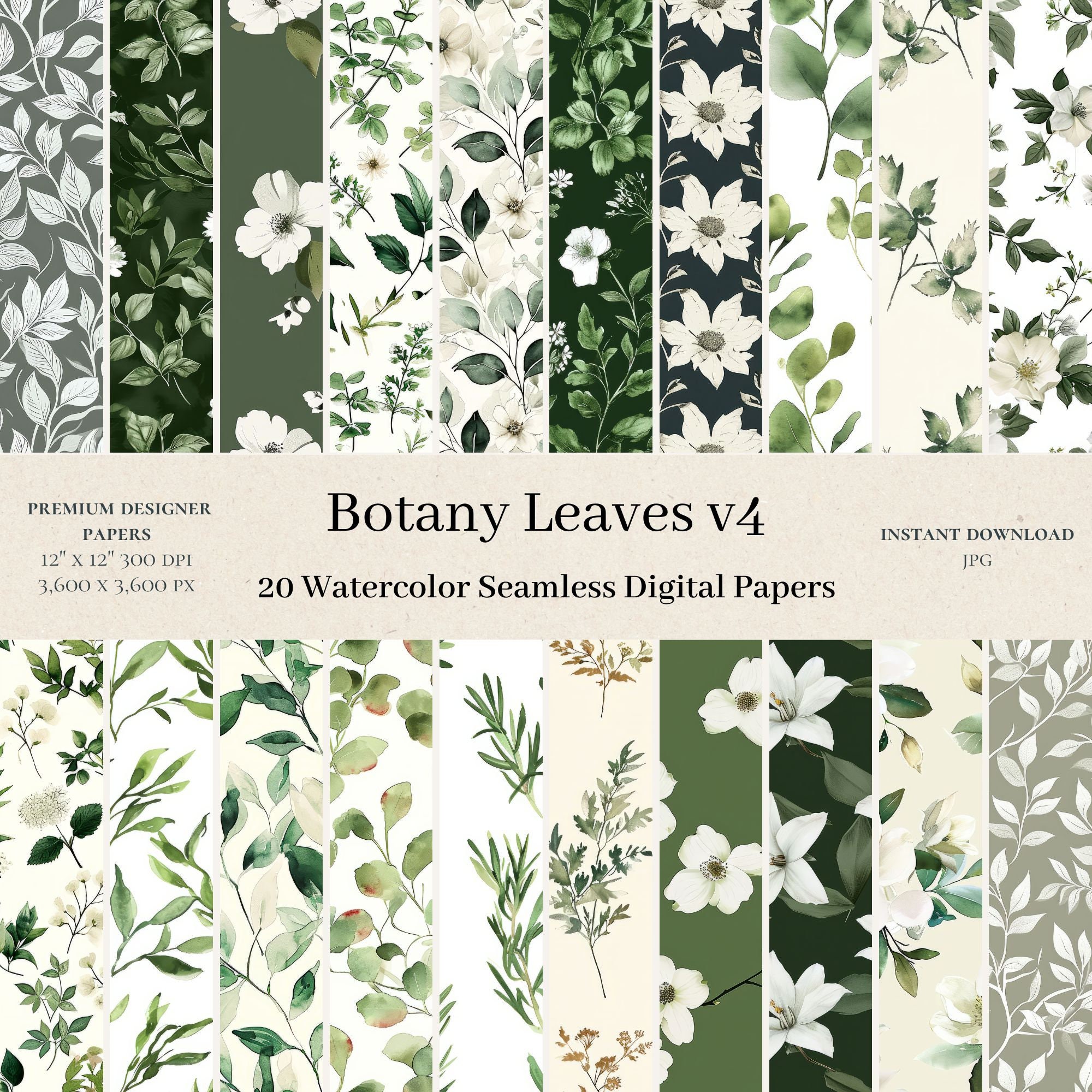 20 Botany Leaves Digital Papers Watercolor Scrapbook, Greenery Digital ...