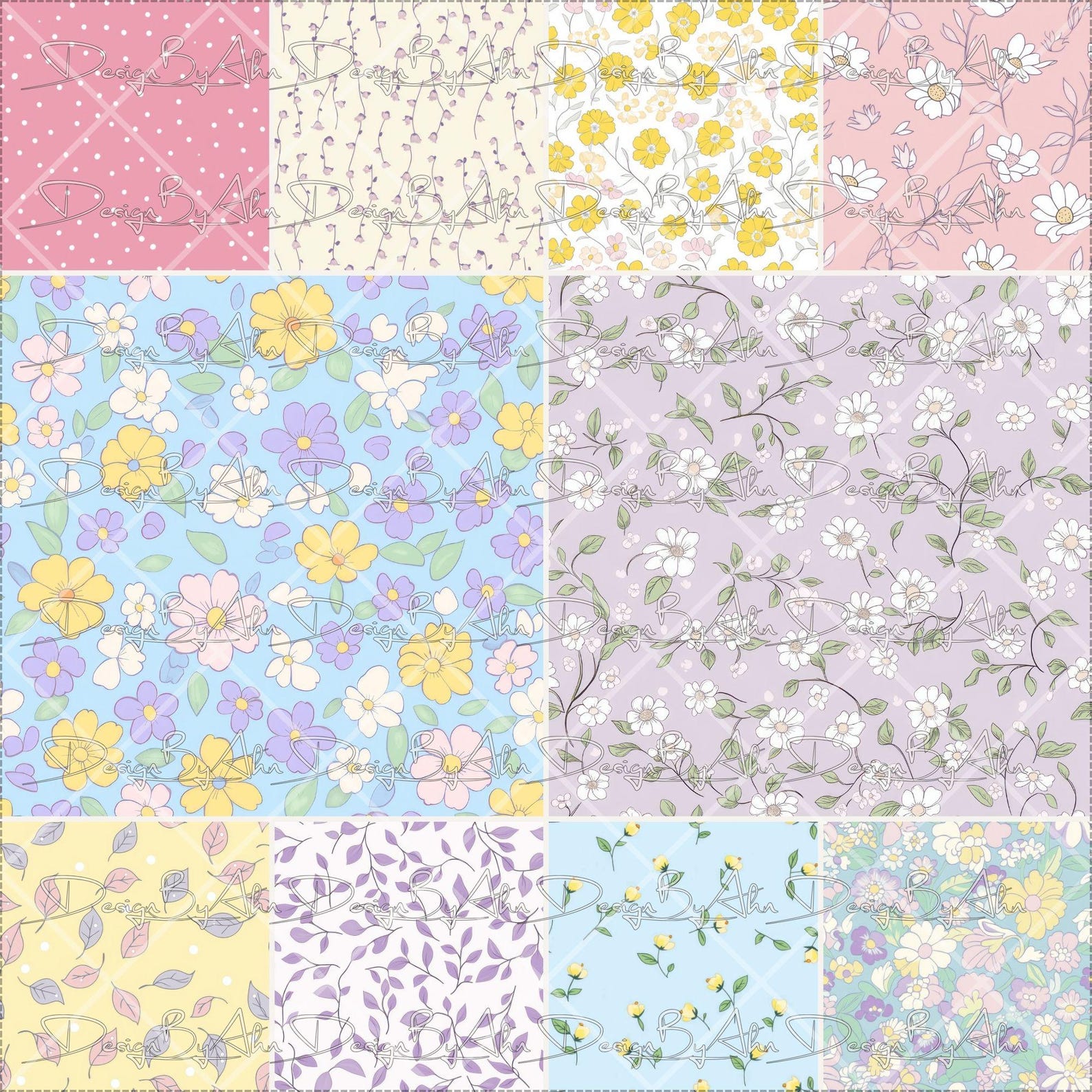20 Ditsy Florals Digital Papers - Yellow, Blue, Pink Seamless Pattern ...