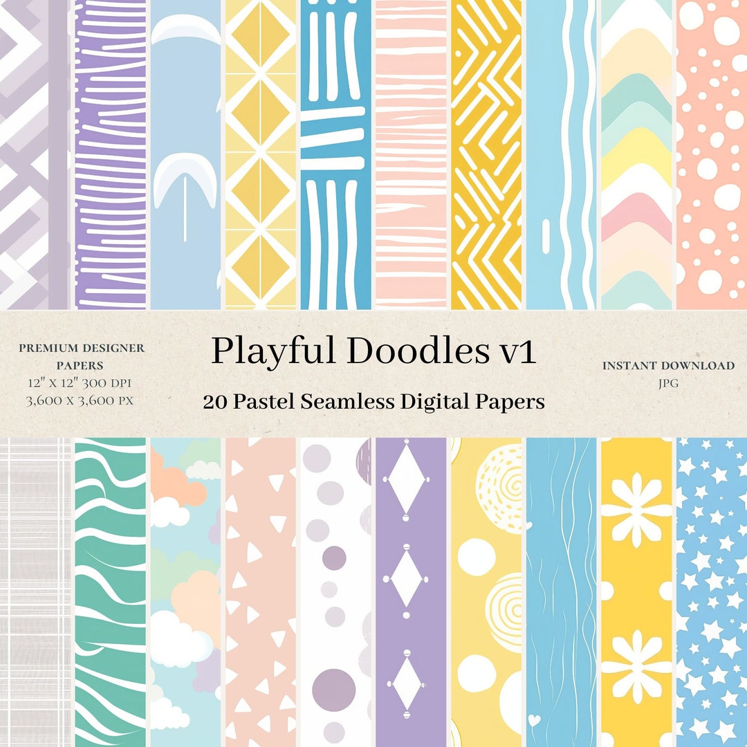20 Playful Doodles Digital Papers - Scribble Seamless Pattern, Party ...