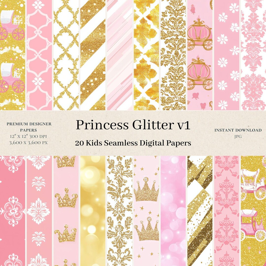 20 Princess Glitter Digital Papers - Pink Gold Seamless Pattern ...
