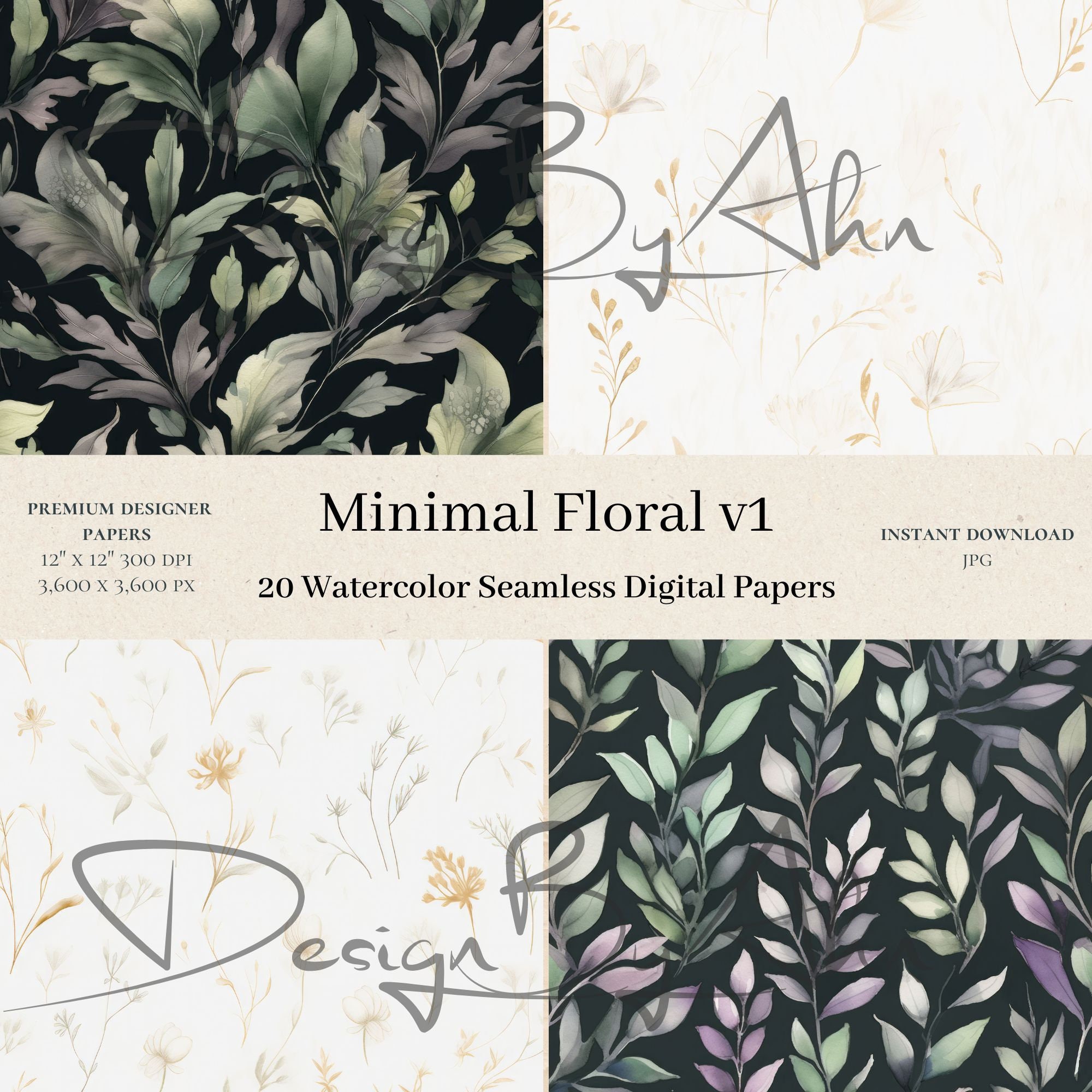 20 Minimal Floral Digital Papers - Watercolor Scrapbook, Seamless ...