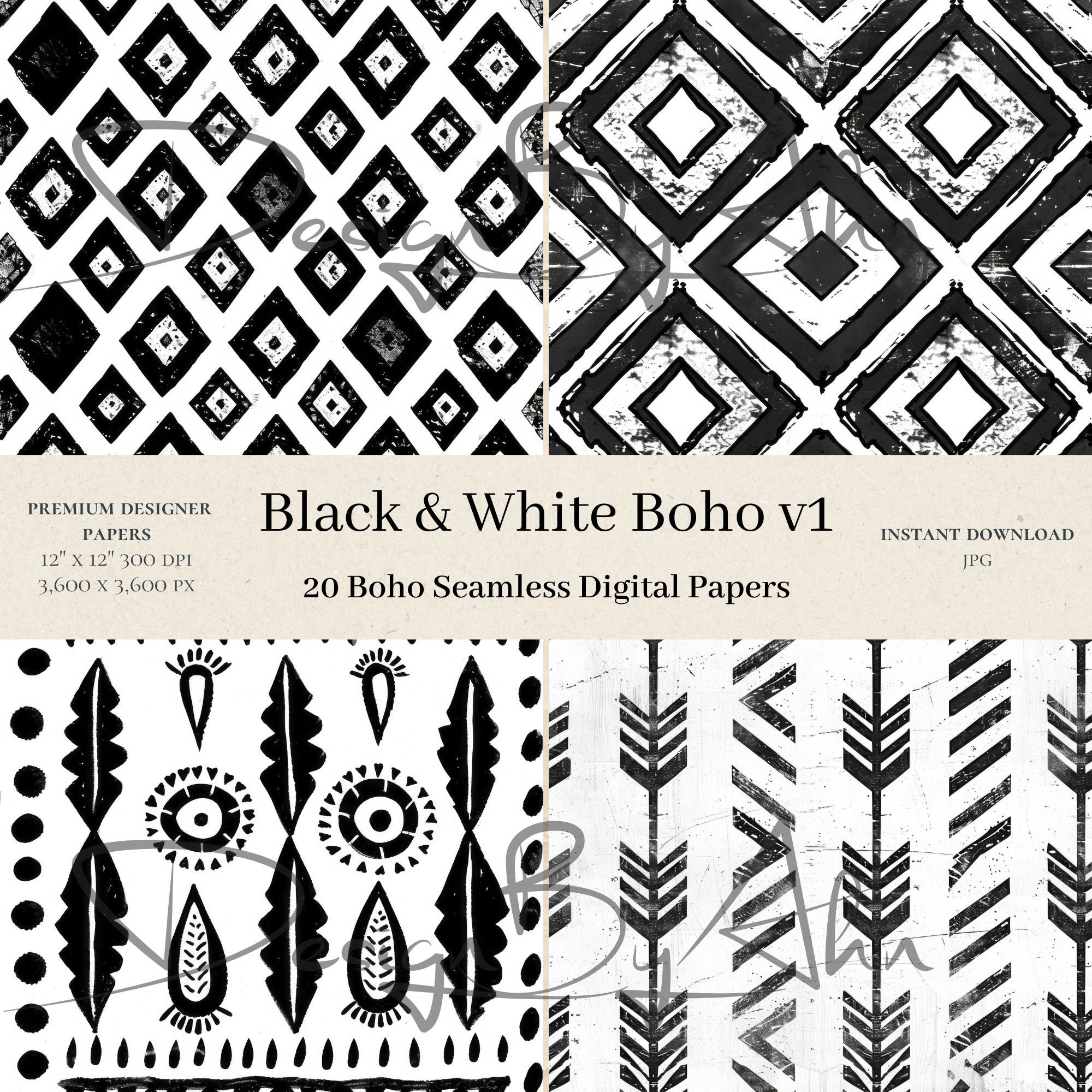 20 Black & White Boho Digital Papers - Commercial Use, Scrapbook Paper ...
