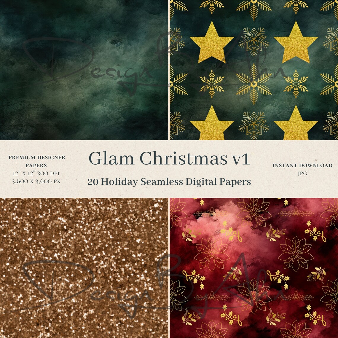 20 Glam Christmas Digital Papers - Holiday Seamless Pattern, Junk ...