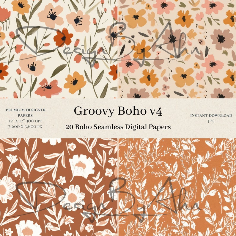 20 Groovy Boho Digital Papers - Commercial Use, Seamless Pattern, Light ...