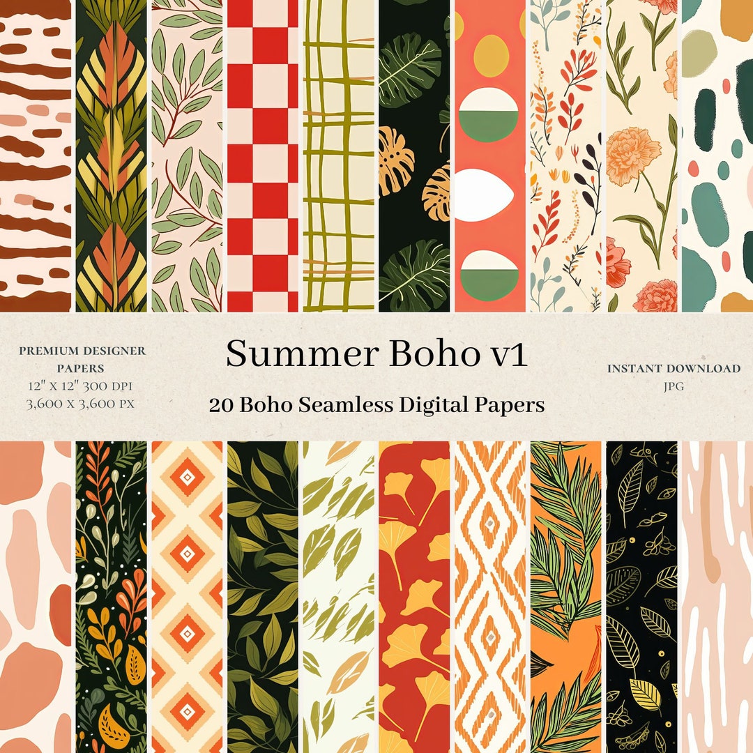 20 Summer Boho Digital Papers - Floral Scrapbook, Flower Seamless ...