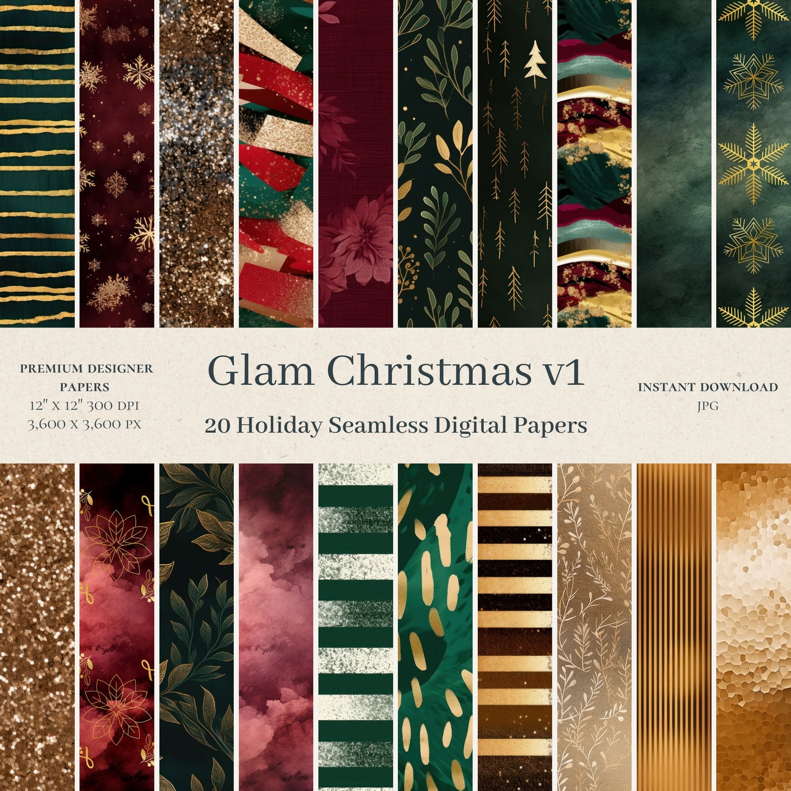 20 Glam Christmas Digital Papers - Holiday Seamless Pattern, Junk ...