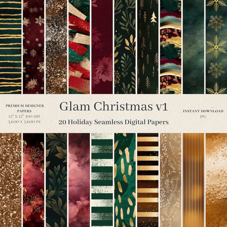 20 Glam Christmas Digital Papers - Holiday Seamless Pattern, Junk ...