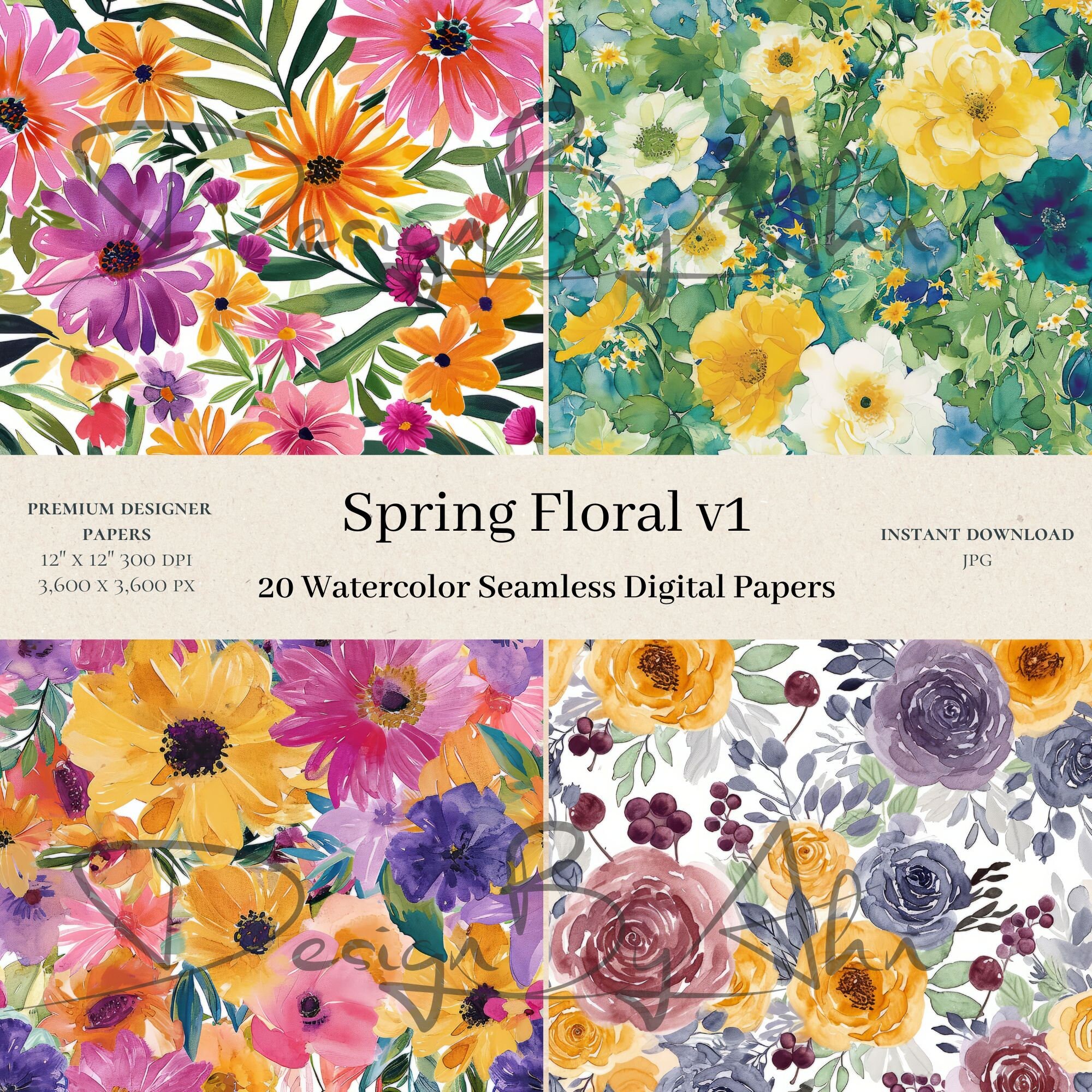 20 Spring Floral Digital Papers Watercolor Scrapbook, Seamless Digital ...