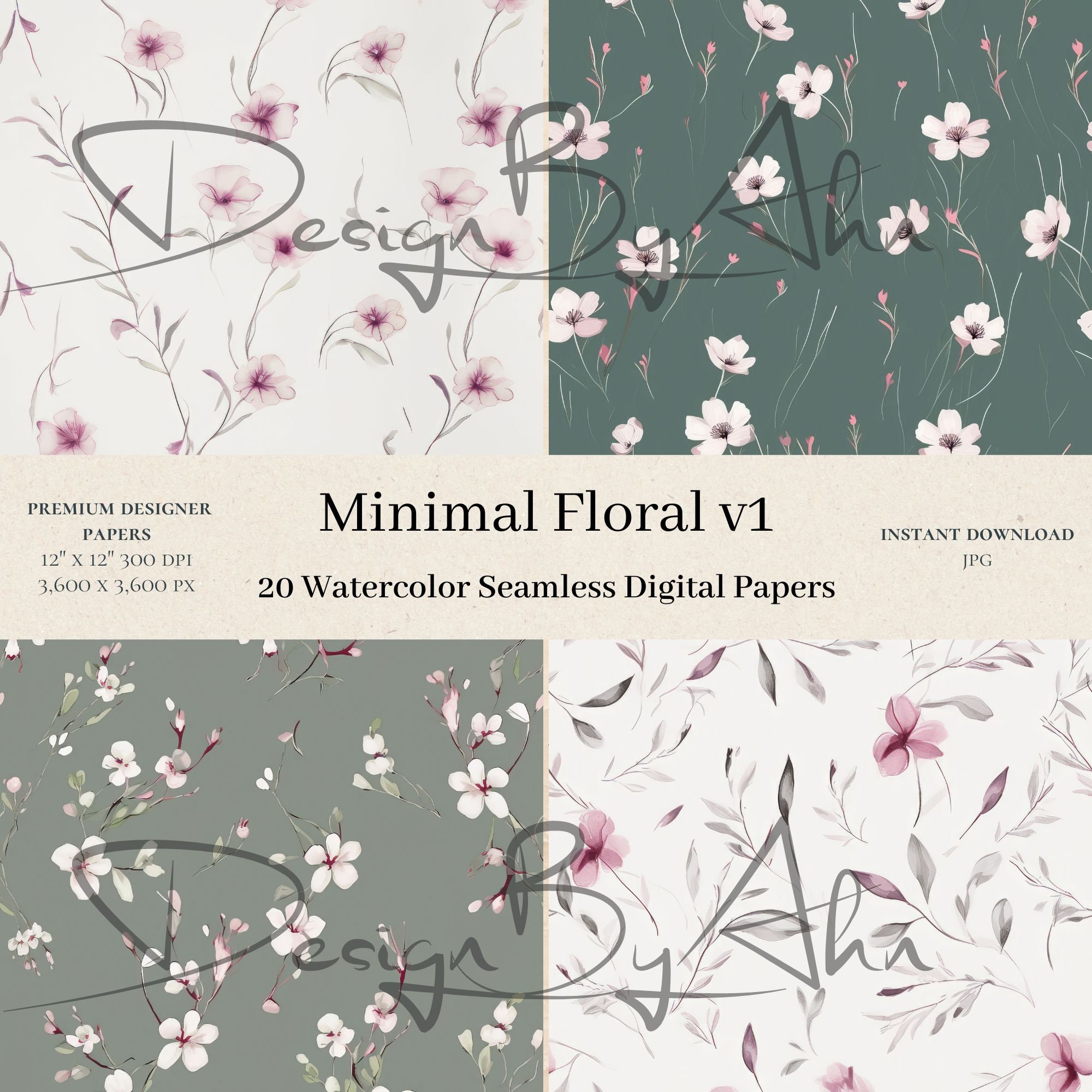 20 Minimal Floral Digital Papers - Watercolor Scrapbook, Seamless ...