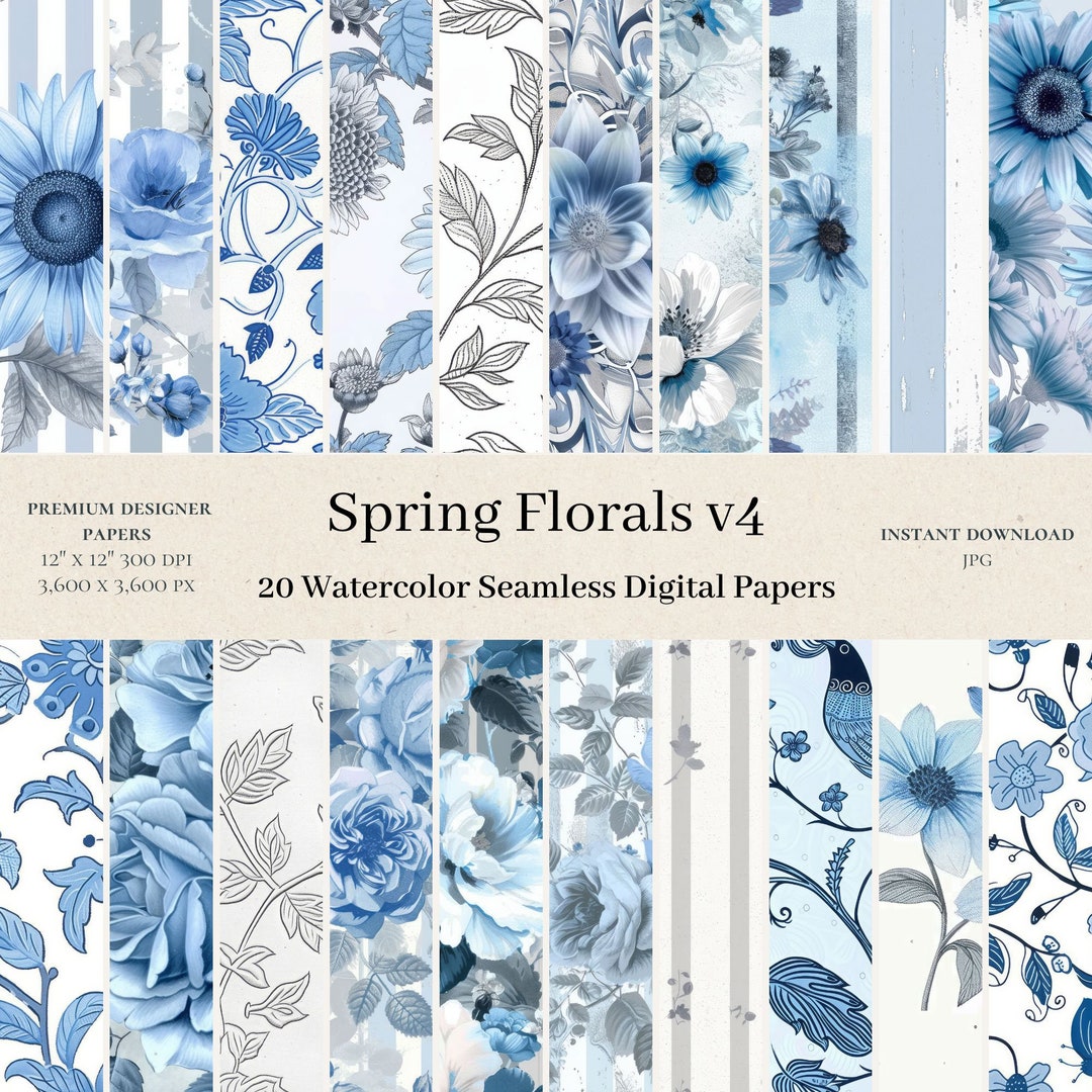 20 Spring Florals Digital Papers - Botanical Scrapbook, Blue Florals ...