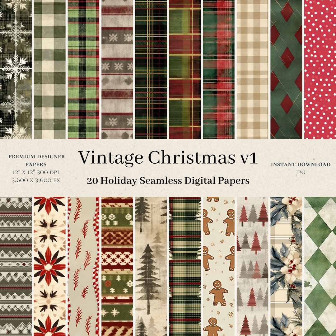 20 Vintage Christmas Digital Papers - Plaid Seamless Pattern, Festive ...