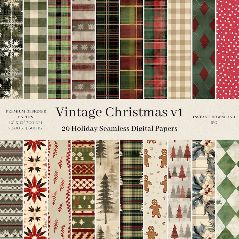 20 Vintage Christmas Digital Papers - Plaid Seamless Pattern, Festive ...