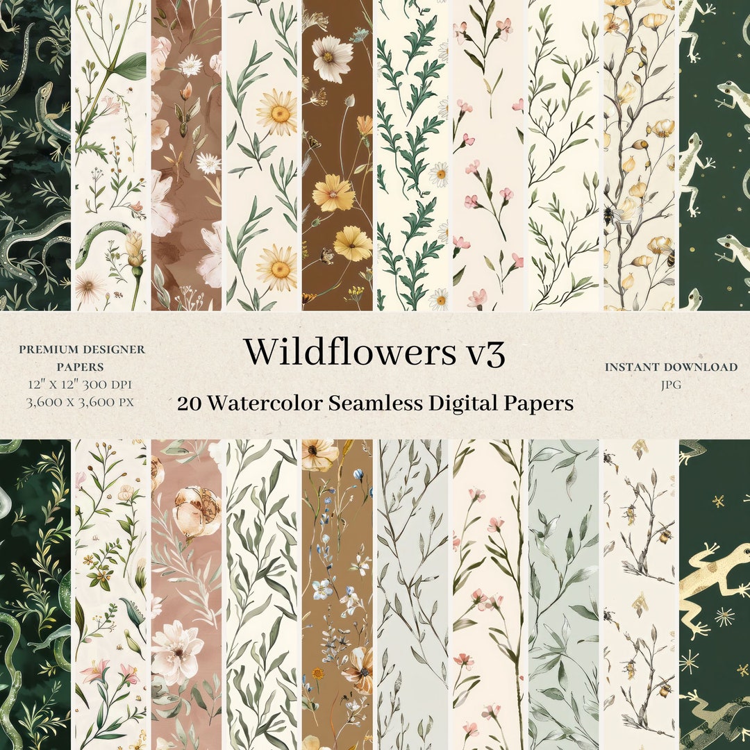 20 Watercolor Wildflowers Digital Papers - Watercolor Scrapbook ...
