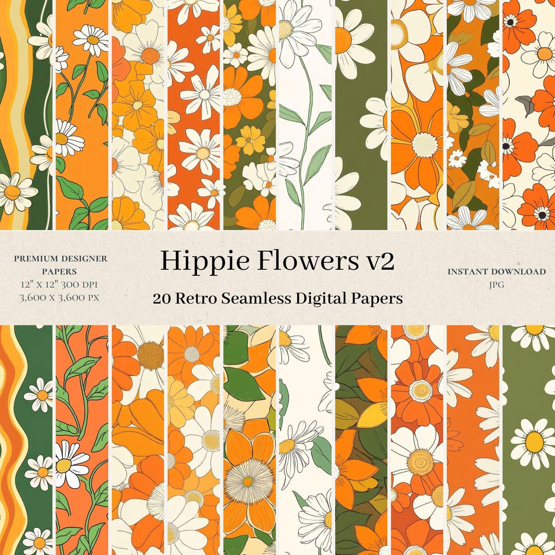 20 Hippie Flowers Digital Papers - 70s Flower Seamless Patterns ...