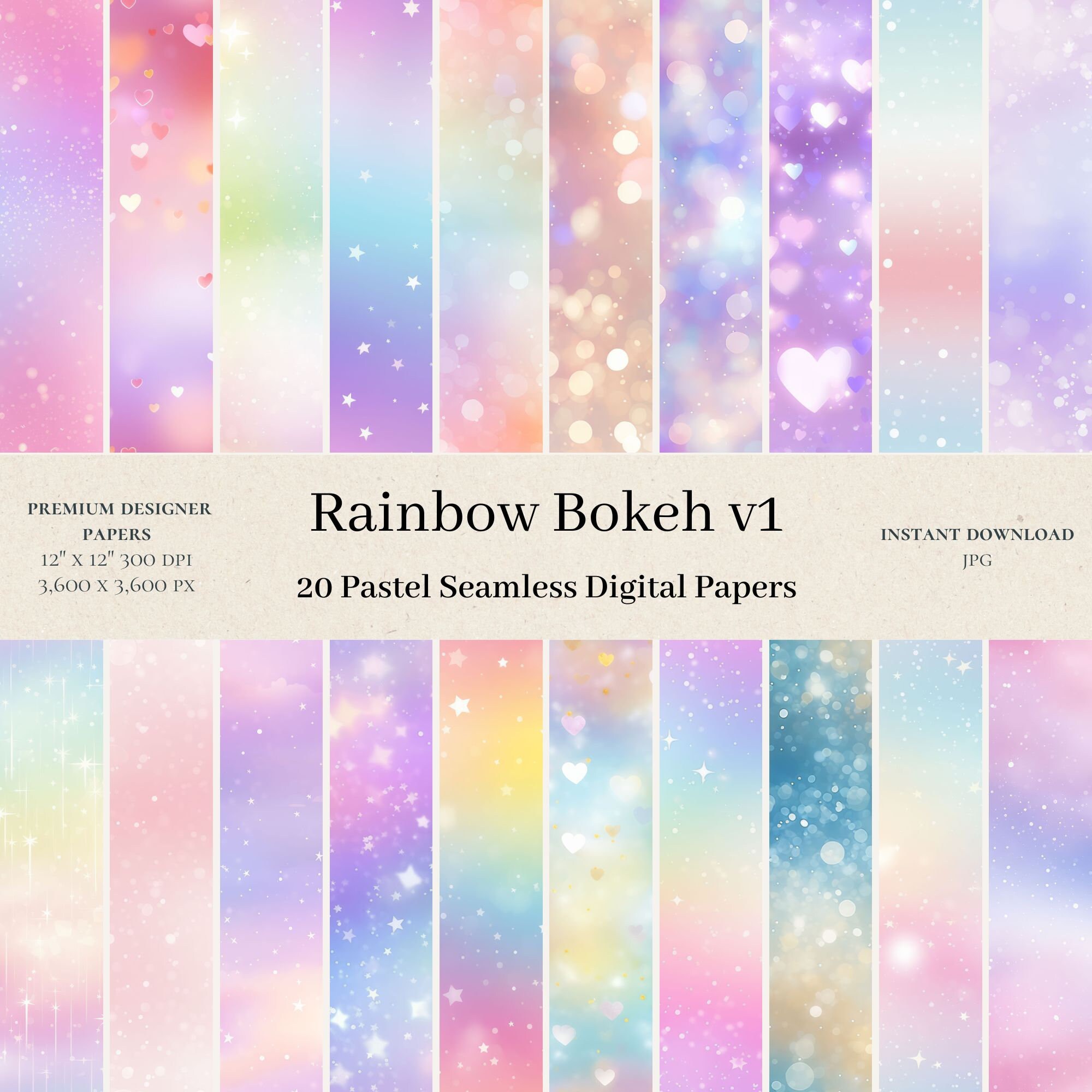 20 Rainbow Bokeh Digital Papers - Pastel Scrapbook, Soft Bokeh Digital ...