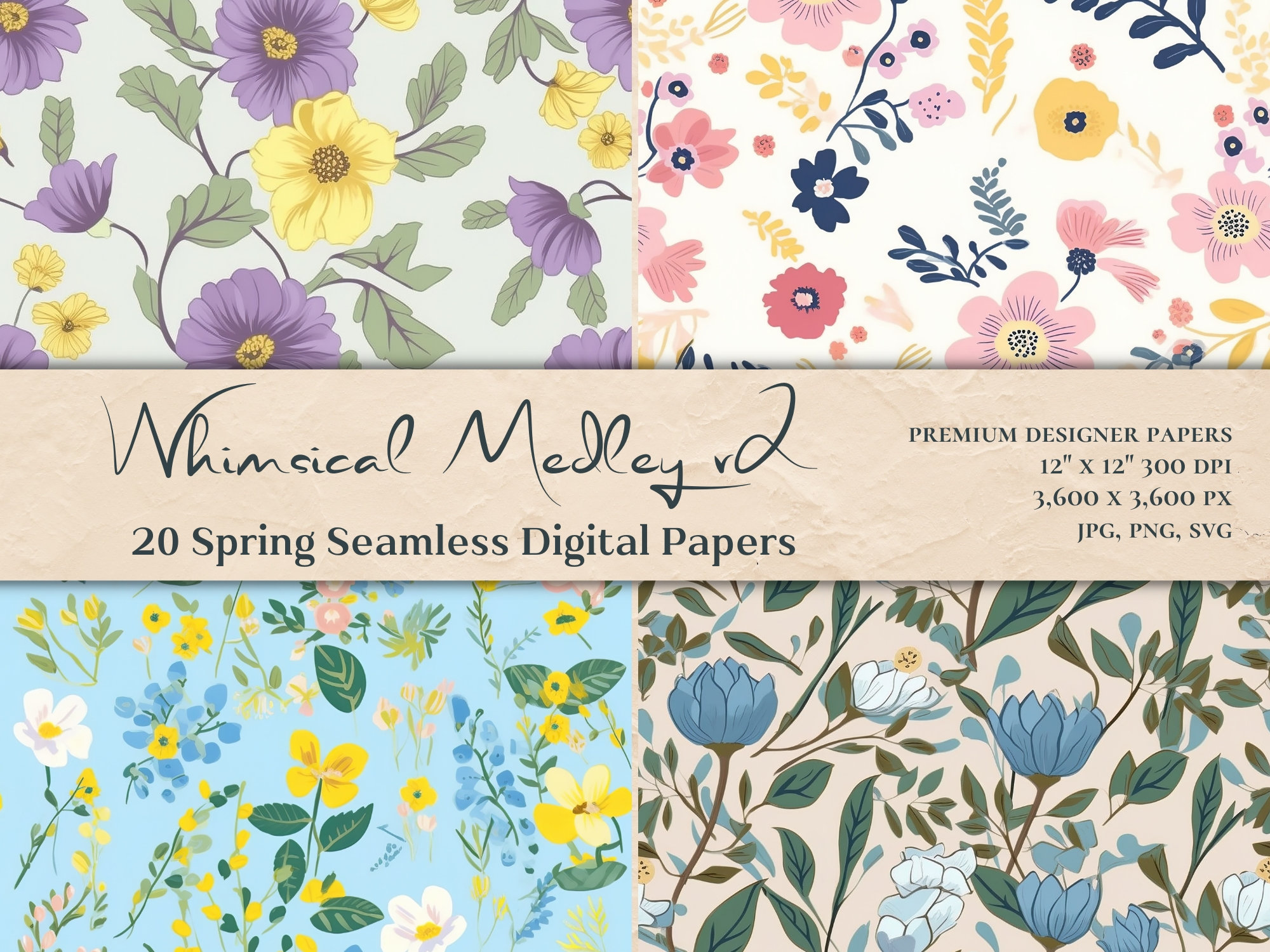 20 Whimsical Medley Digital Papers Flowers Seamless Pattern, Floral Prints, Flowers Background ...