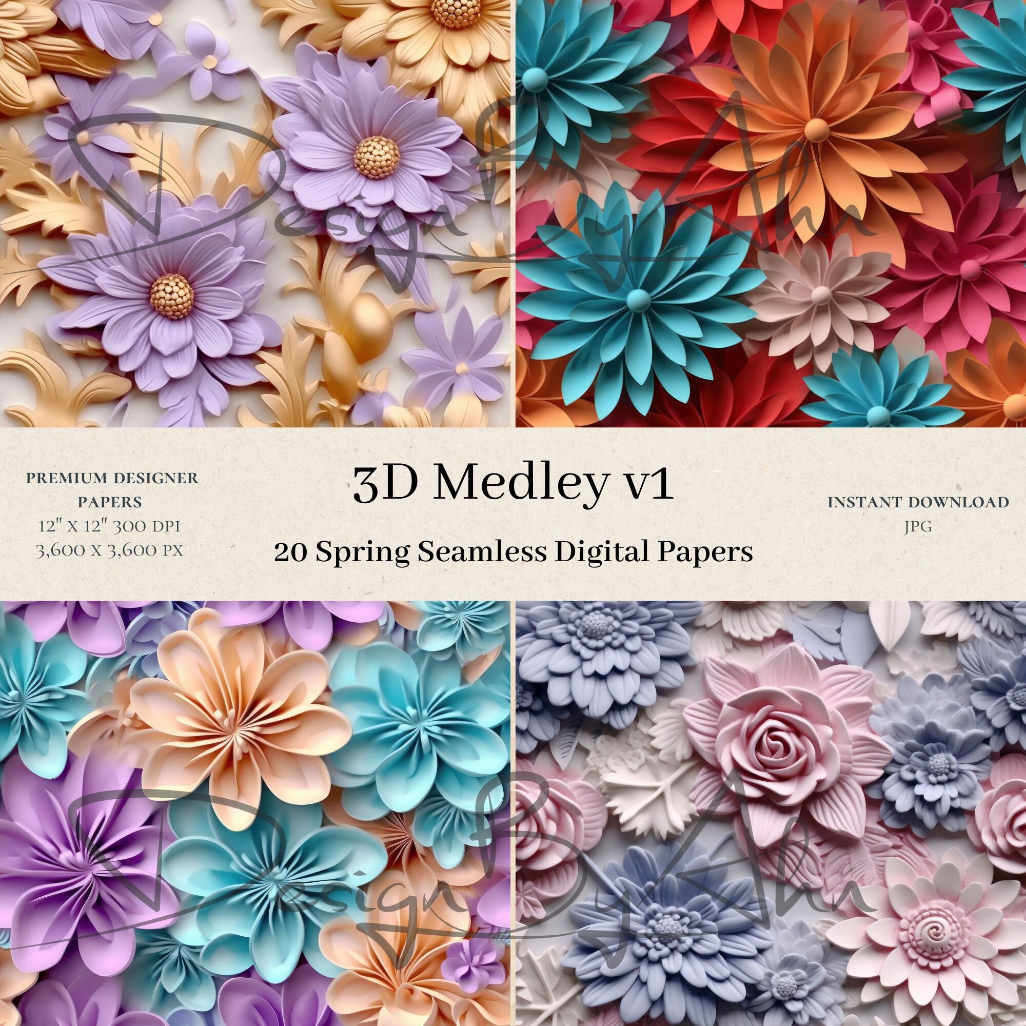 20 3D Medley Digital Papers - Sublimination Scrapbook, Seamless Digital ...