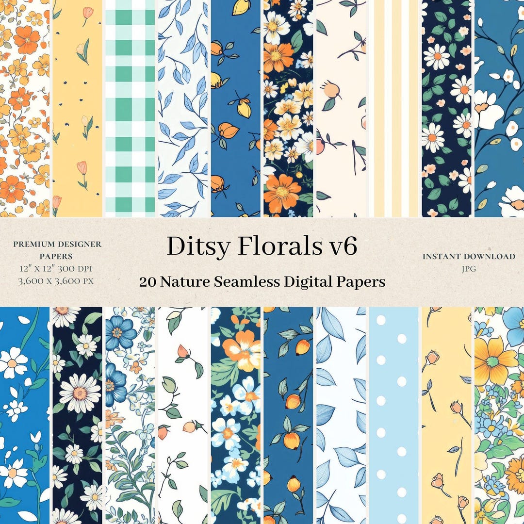 20 Ditsy Florals Digital Papers - Yellow, Blue Seamless Pattern, Lilac ...