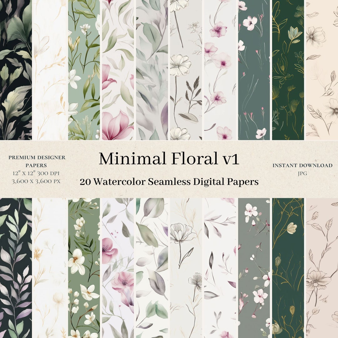20 Minimal Floral Digital Papers - Watercolor Scrapbook, Seamless ...