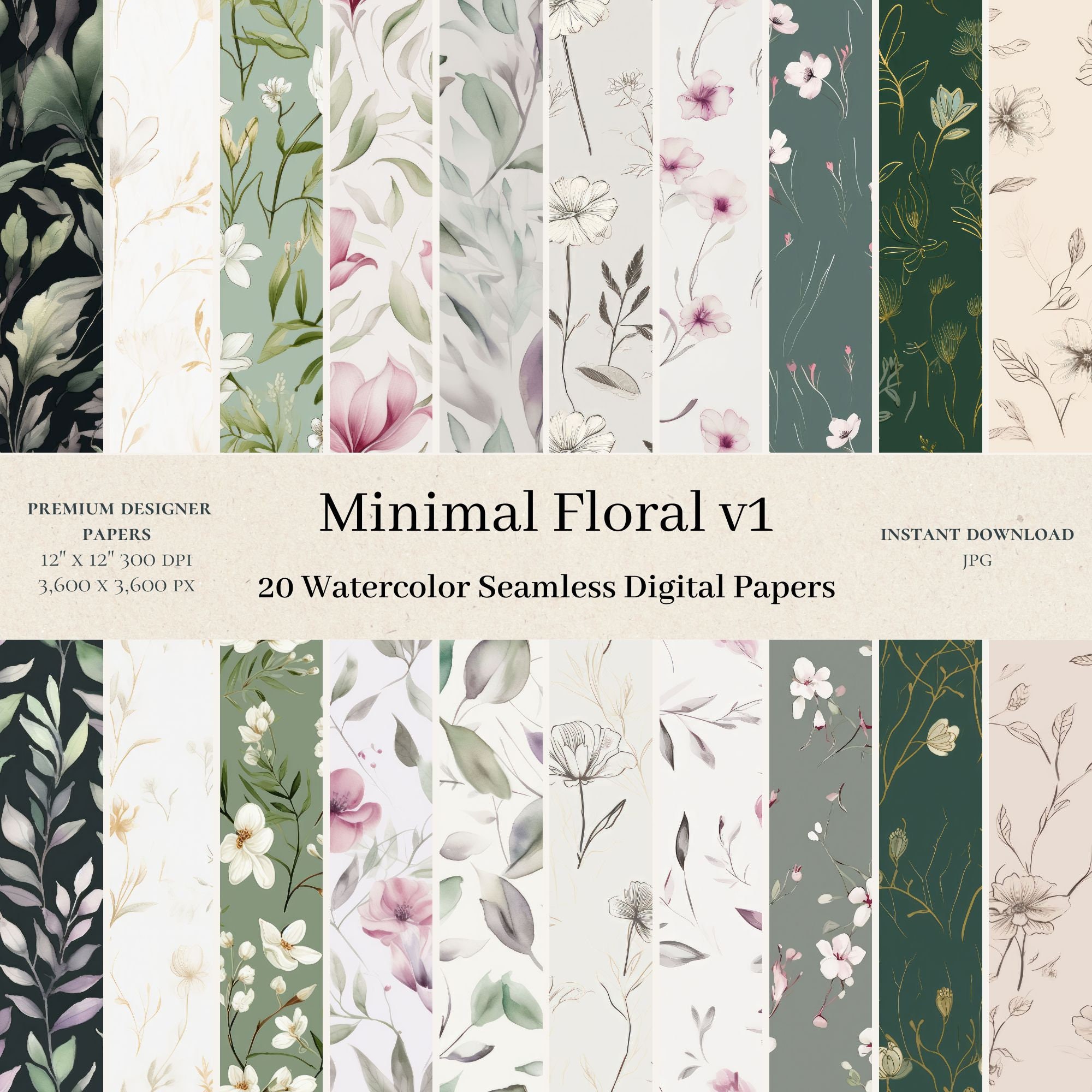20 Minimal Floral Digital Papers - Watercolor Scrapbook, Seamless ...