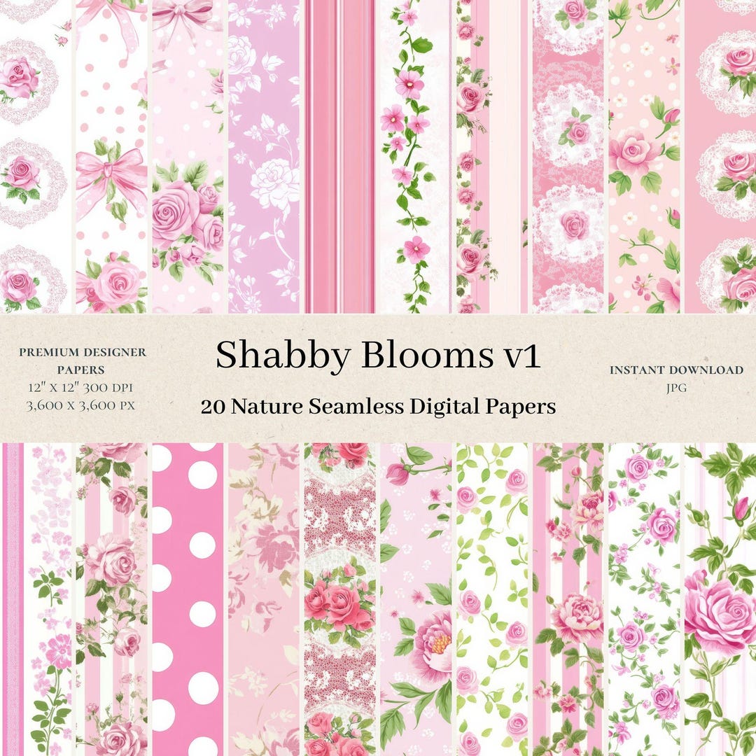 20 Shabby Blooms Digital Papers - Shabby Chic Seamless Pattern, Pink ...