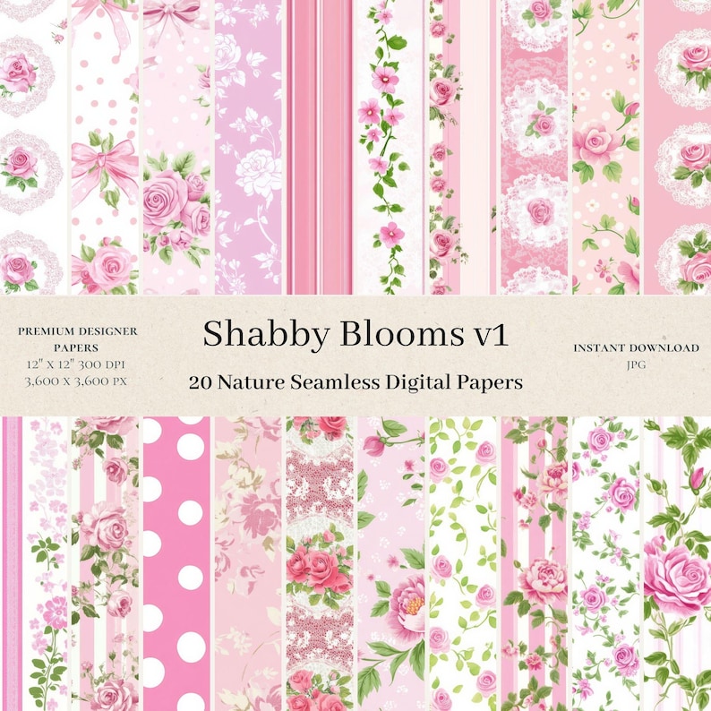 20 Shabby Blooms Digital Papers - Shabby Chic Seamless Pattern, Pink ...