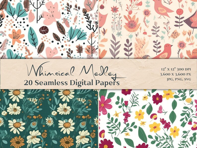 20 Whimsical Medley Digital Papers Flowers Seamless Pattern - Etsy