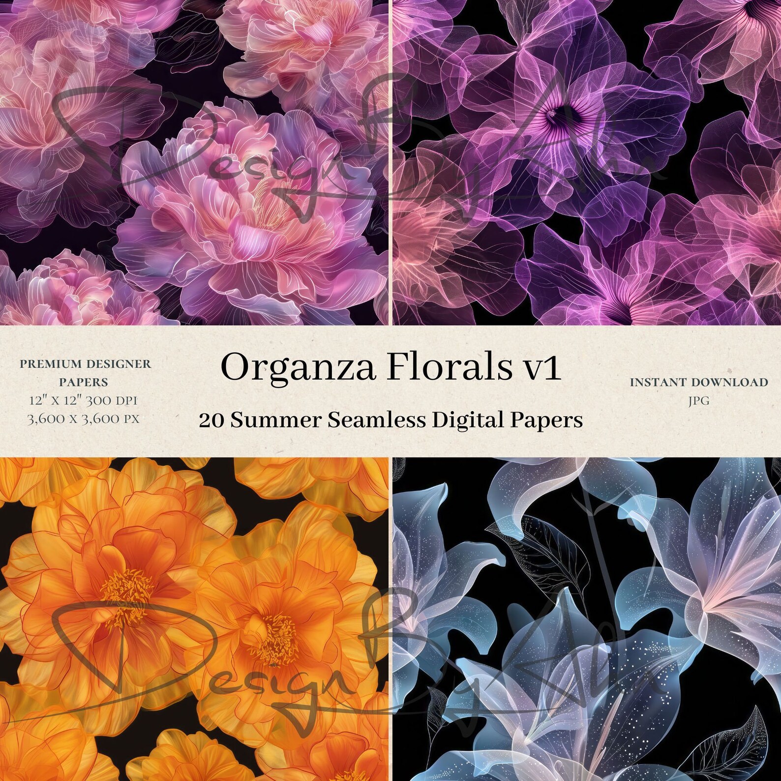 20 Organza Floral Digital Papers - Flower Seamless Pattern, Floral ...