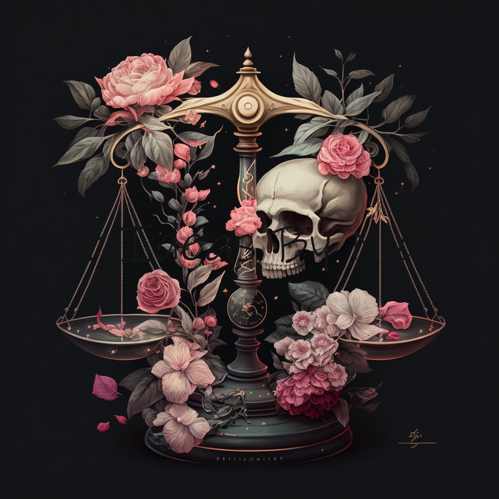 Libra Scales With Skull And Roses Etsy