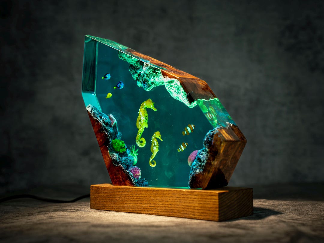 Seahorse and Blue Tang Fish Resin Lamp, Unique Gift for Couple, Resin ...