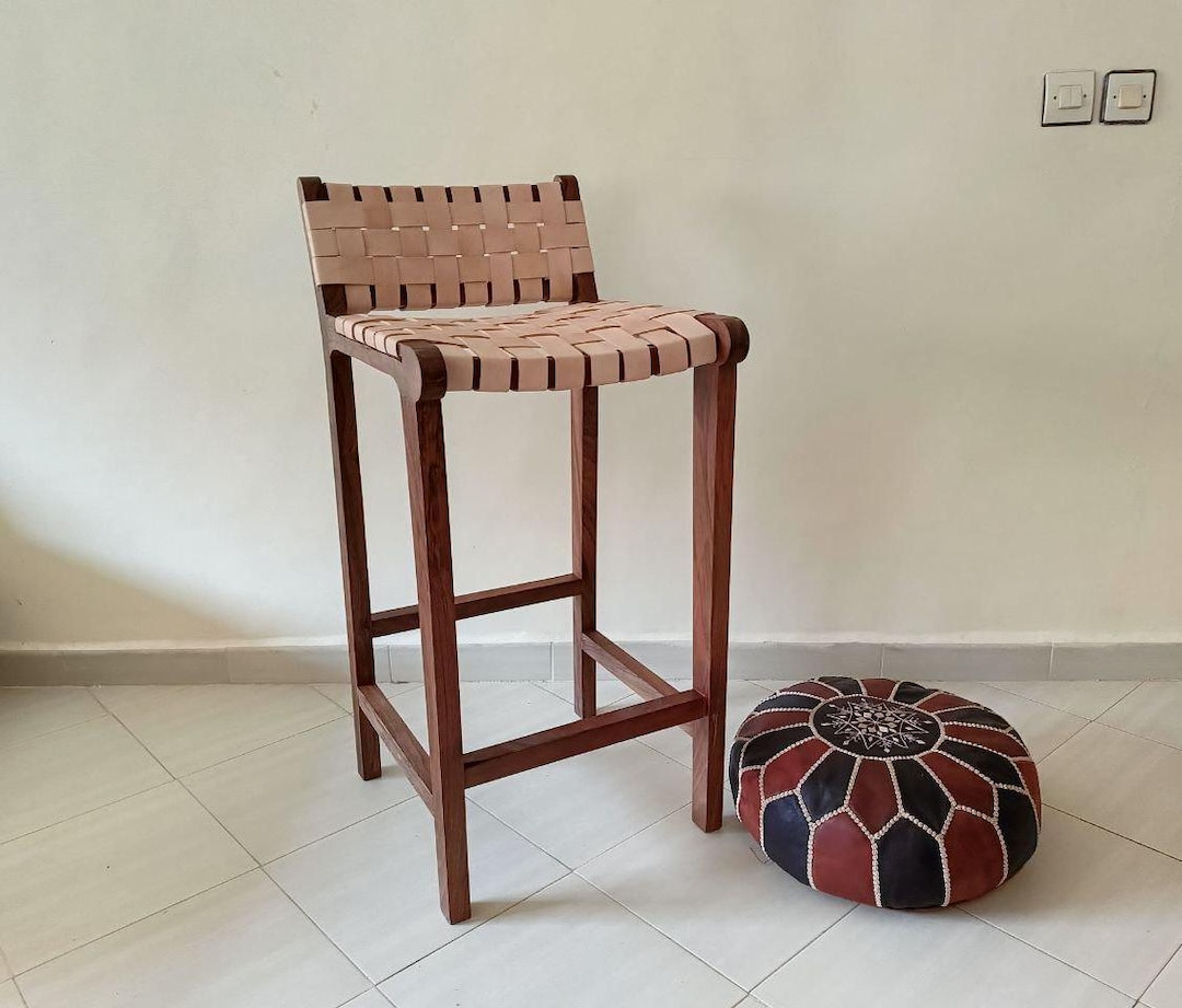 Moroccan Woven Leather Bar Stools Set, Custom Walnut and Leather ...
