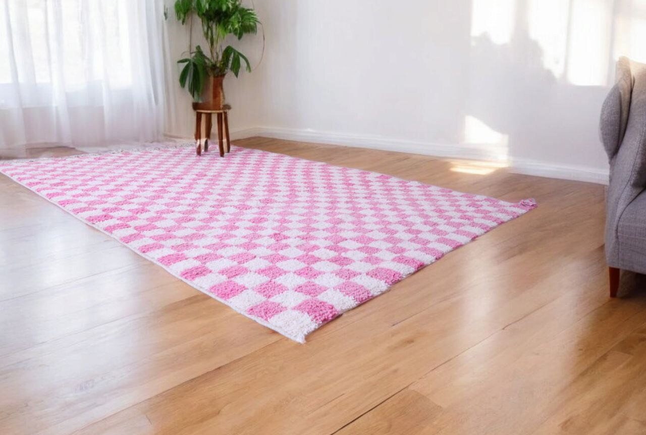 Moroccan Checkered Rug Pink and White, Berber Checkered Carpet, Boho ...