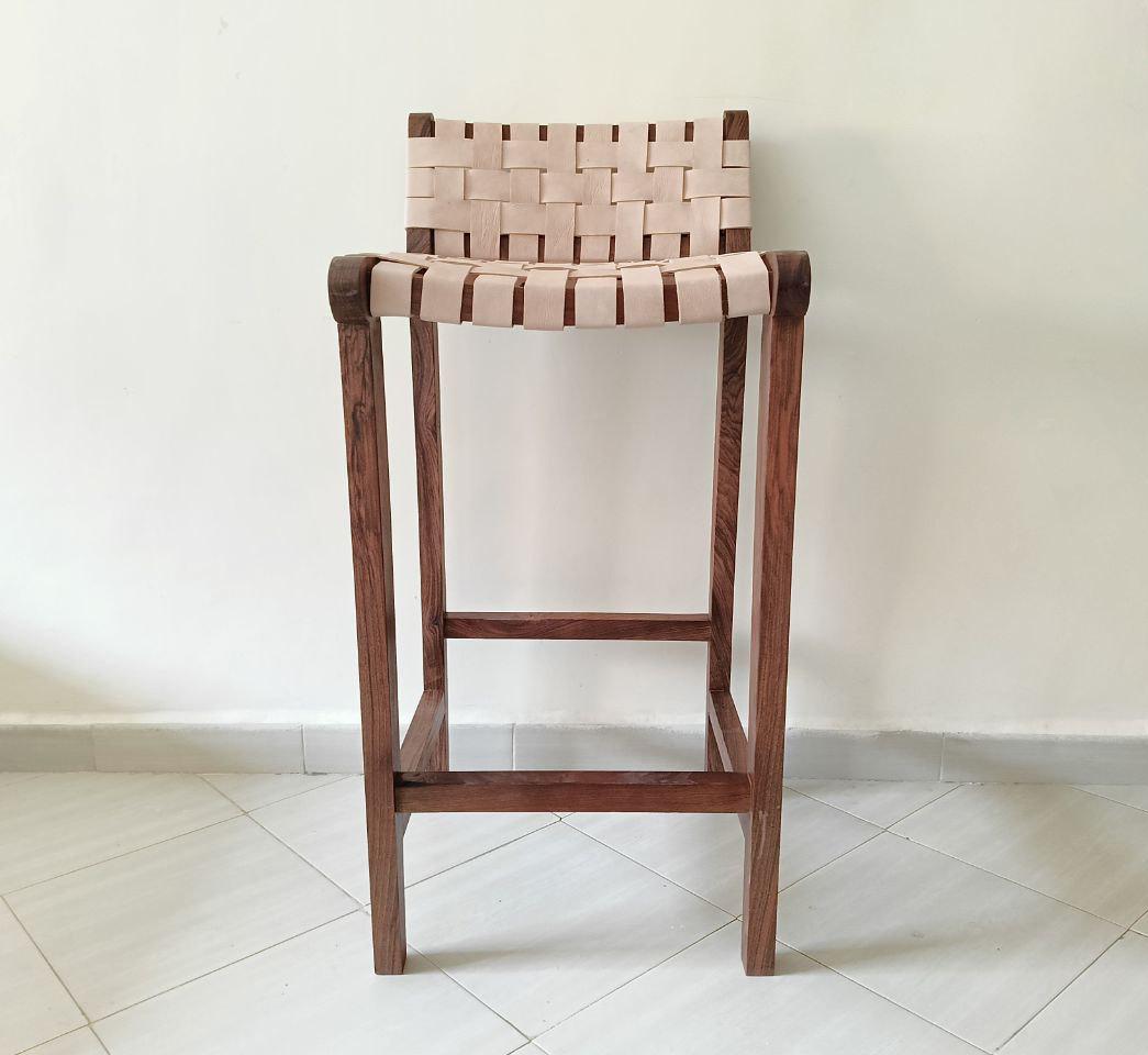 Moroccan Woven Leather Bar Stools Set, Custom Walnut and Leather ...