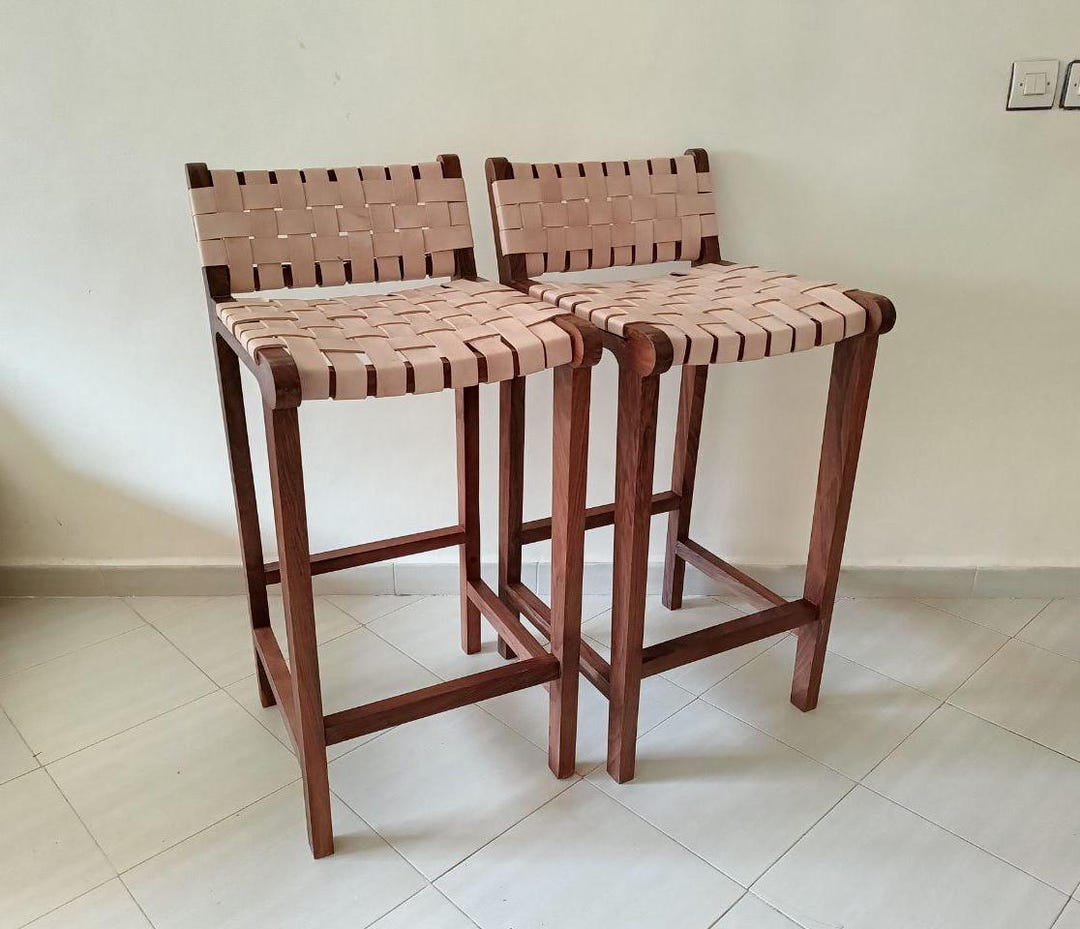 Set of 2 Moroccan Leather Bar Stools, High & Low Walnut Counter Chairs ...