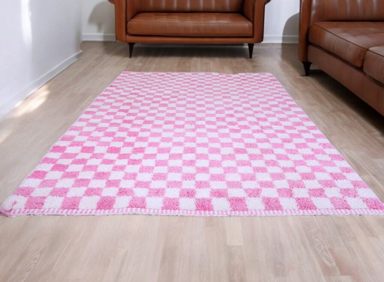 Moroccan Checkered Rug Pink and White, Berber Checkered Carpet, Boho ...