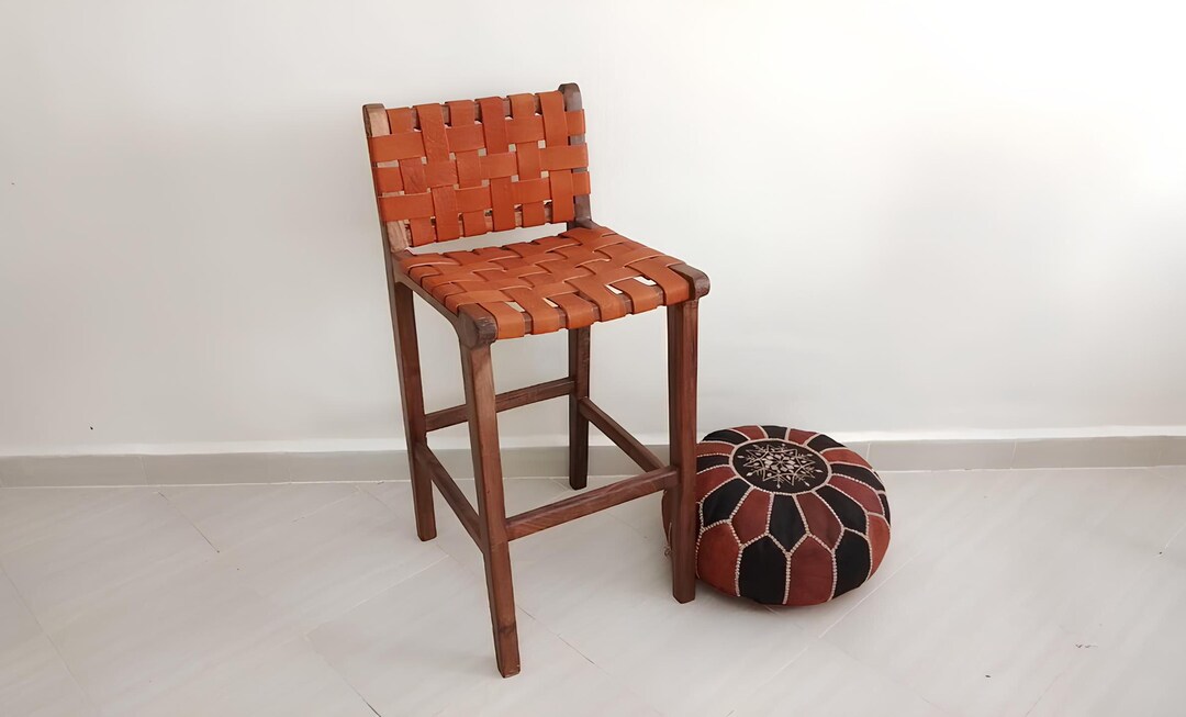 Customizable Rustic Walnut and Leather Bar Stools for Kitchen Island ...
