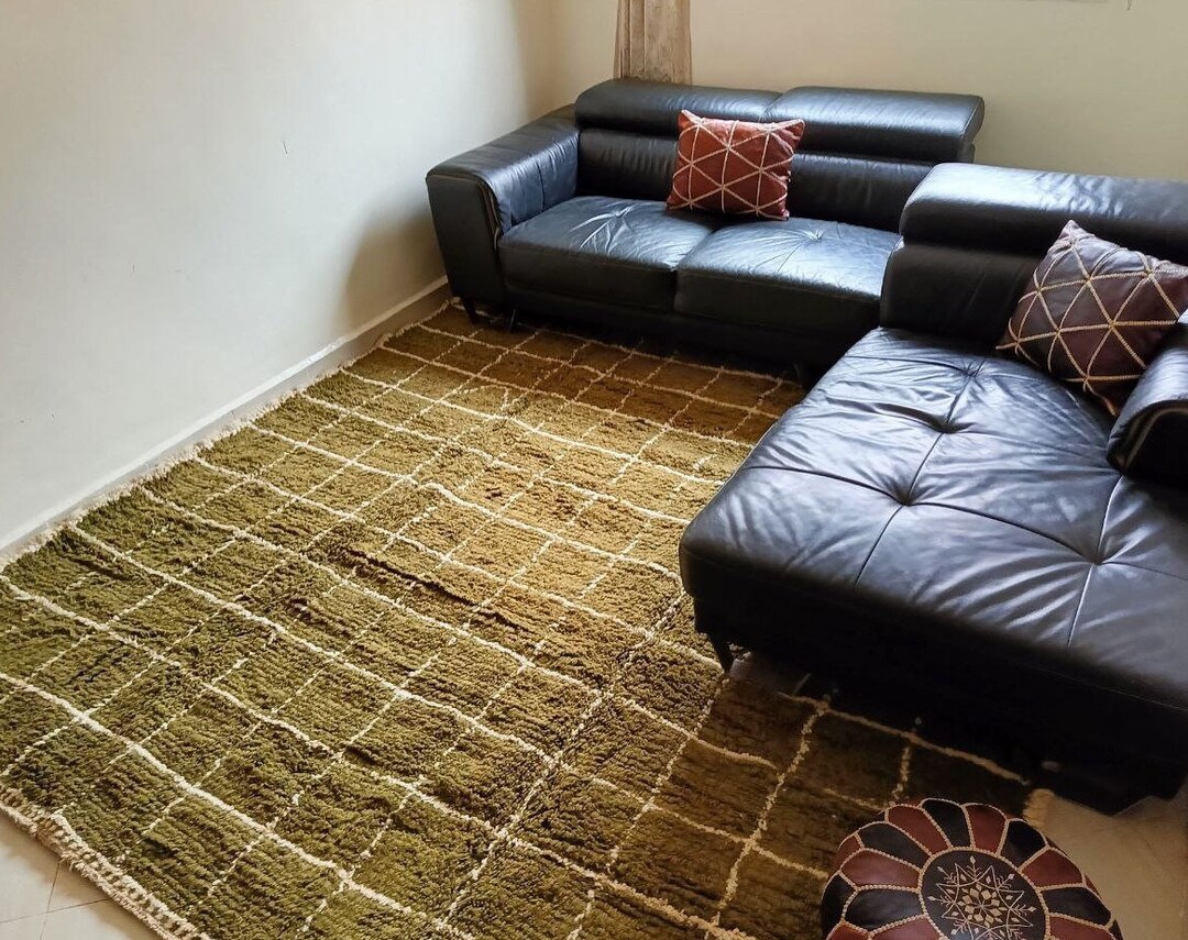 Handmade Olive Green Moroccan Rug, Grid Pattern Berber Rug Green, Wool ...