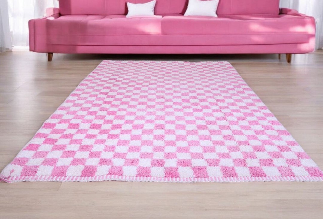 Moroccan Checkered Rug Pink and White, Berber Checkered Carpet, Boho ...