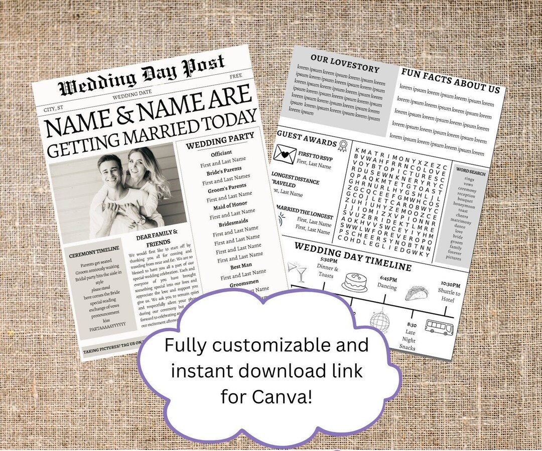 Newspaper Wedding Template Instant Download Link Canva - Etsy
