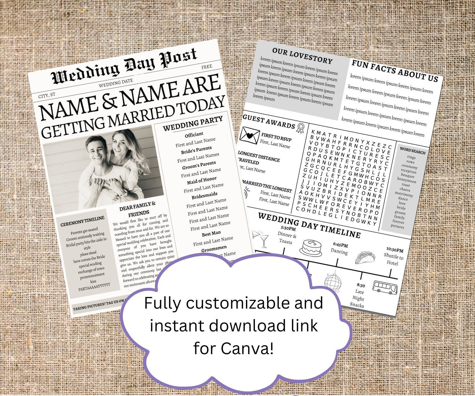 Newspaper Wedding Template Instant Download Link Canva - Etsy