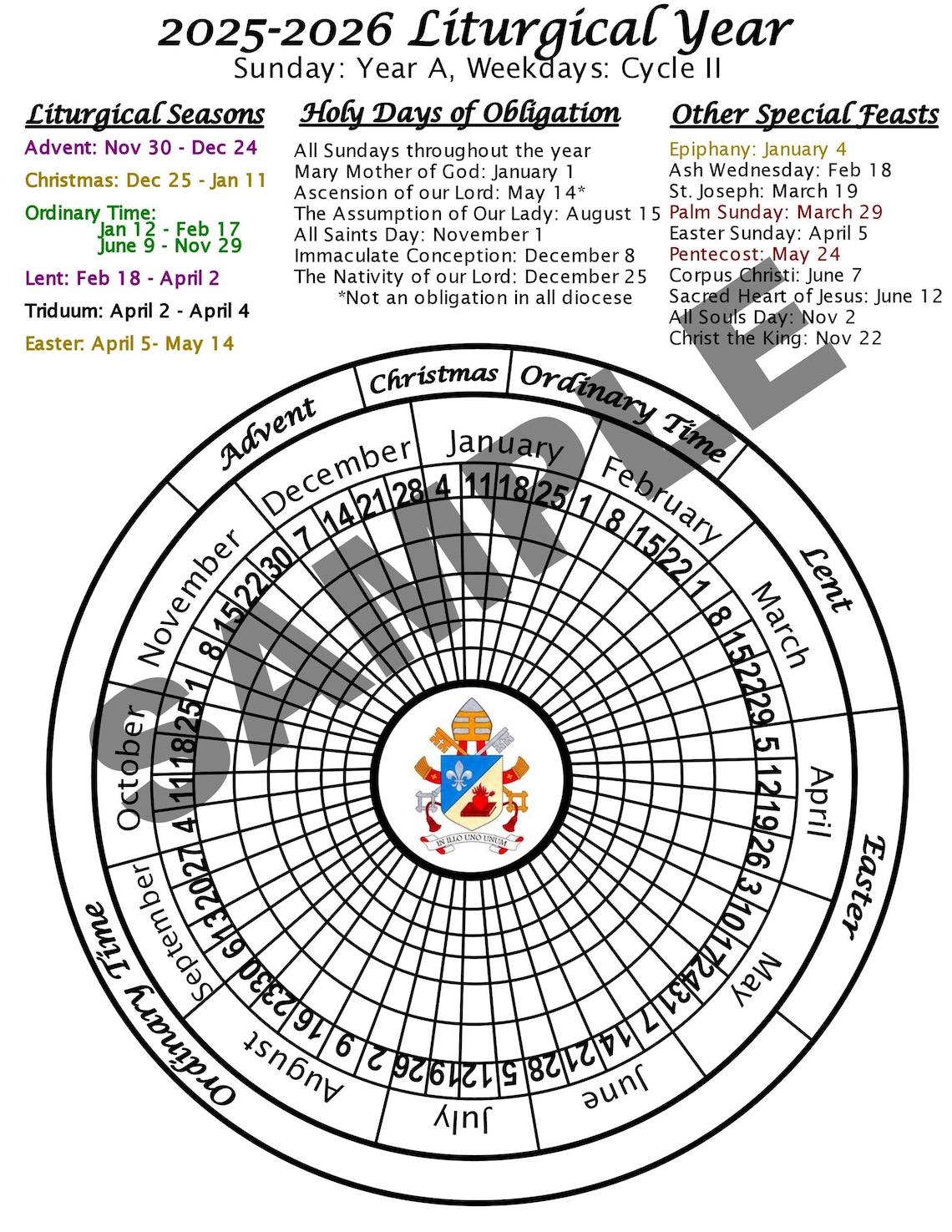 Printable 2026 Liturgical Calendar, Downloadable Catholic Worksheet - Etsy