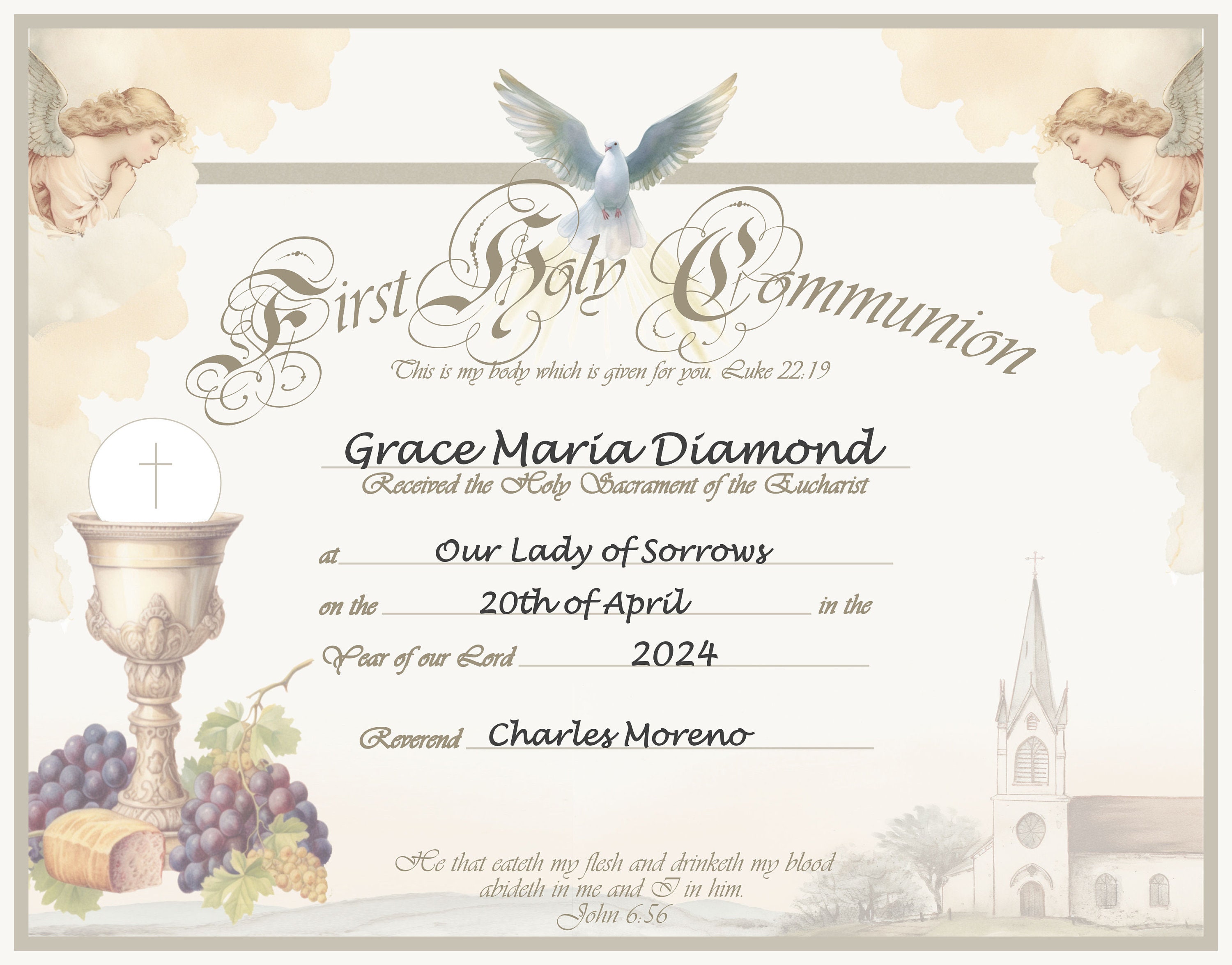 First Holy Communion Certificate Landscape, Customizable, Downloadable ...