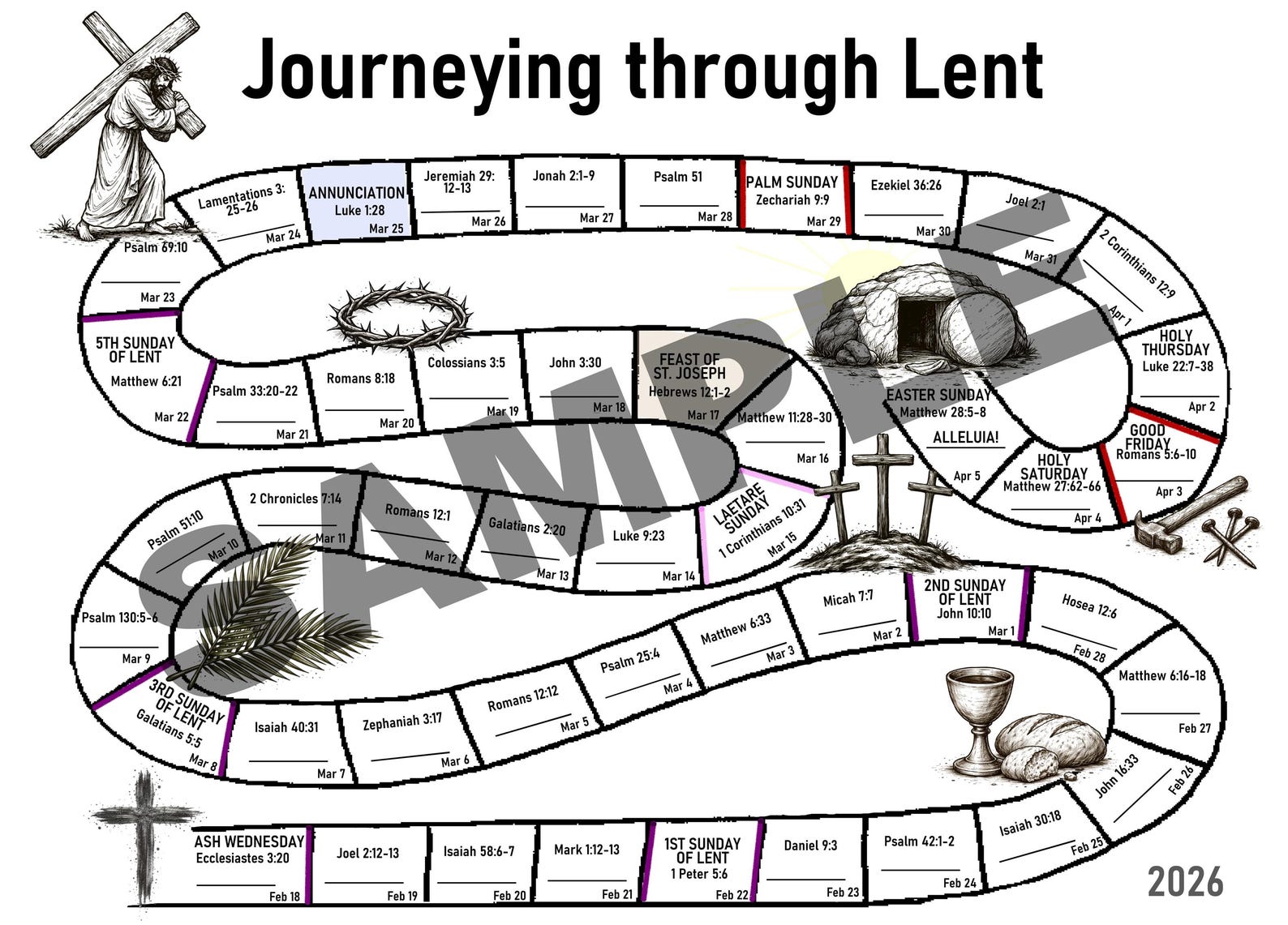 Printable Lenten Calendar | Daily Bible Verses, Sacrifice Tracker (PDF ...