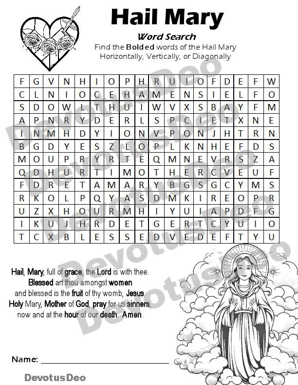 Hail Mary, Catholic Prayer Worksheet, Word Search - Etsy