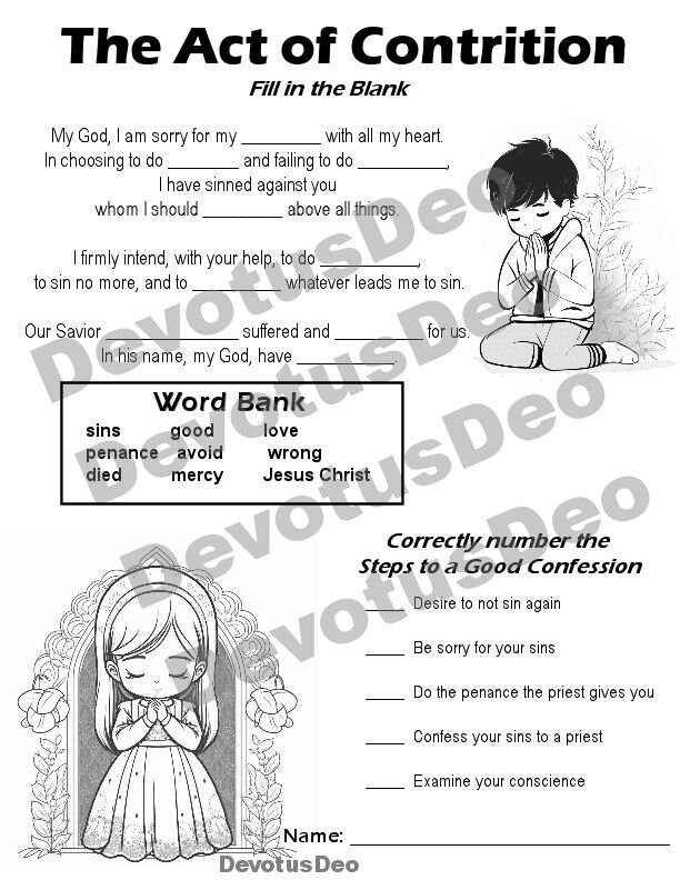 Act of Contrition, Confession, Catholic Worksheet, Downloadable ...