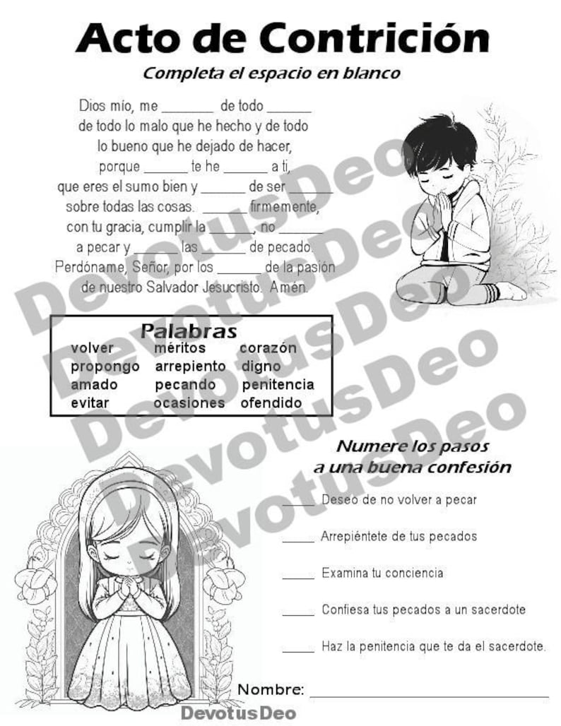 Acto De Contrición, Confesión, Católico, Catholic Worksheet ...